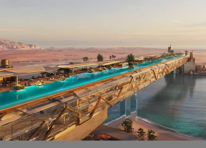 Vídeo impressionante mostra resort no deserto saudita com piscina gigante